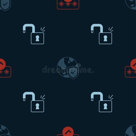 Set Password Protection Shield With World Globe And Open Padlock On Seamless Pattern Vector