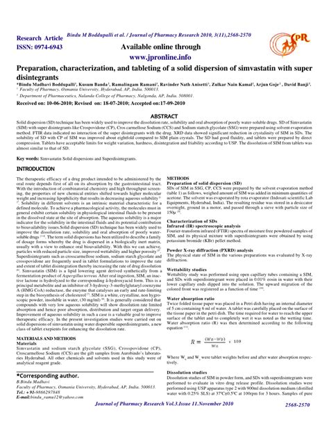 Pdf Preparation Characterization And Tableting Of A Solid Dispersion Of Simvastatin With