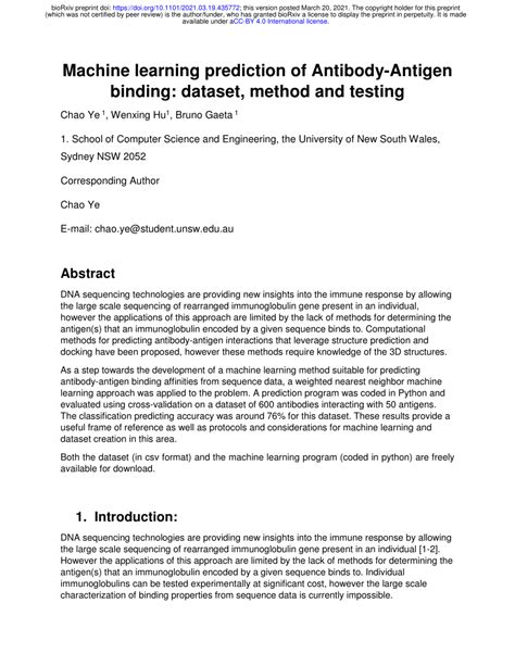 Pdf Machine Learning Prediction Of Antibody Antigen Binding Dataset Method And Testing