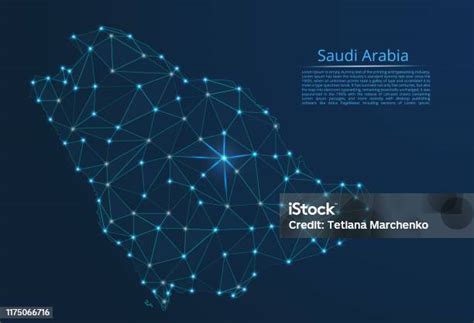 사우디 아라비아 통신 네트워크지도 별과 공간의 형태로 포인트와 모양으로 구성된 도시 또는 인구 밀도의 형태로 조명글로벌지도의 벡터 낮은 폴리 이미지 0명에 대한 스톡 벡터
