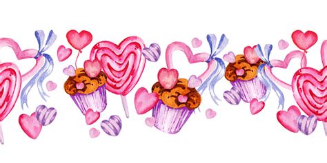 발렌타인 데이 테마의 수채화 테두리가 다른 하트 사탕 과자 머핀 손으로 그리는 그림 흰색 배경에 분홍색과 라일락 색 프레임 결혼식에 대한 스톡 벡터 아트 및 기타 이미지