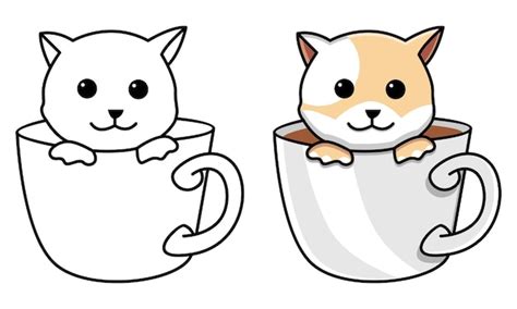 아이들을 위한 커피 컵에 있는 고양이 색칠하기 프리미엄 벡터