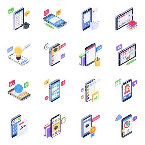 모바일 학습 앱 아이소메트릭 아이콘 세트 프리미엄 벡터