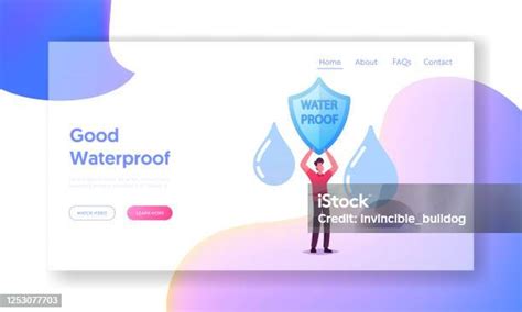 섬유 및 의류 방문 페이지 템플릿에 대한 내방 및 아쿠아 내성 기술 방수 비문과 떨어지는 방울방패를 들고 있는 작은 남성 캐릭터 만화 벡터 일러스트레이션 개념에 대한 스톡