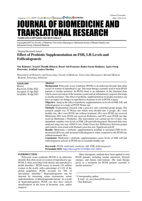 Pdf Effect Of Probiotic Supplementation On Fsh Lh Levels And Folliculogenesis