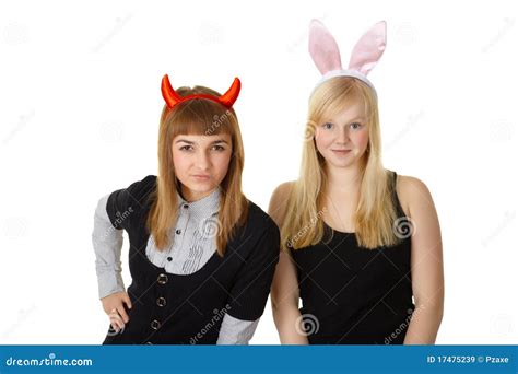 Two Friends In Festive Costume Devil And Bunny Stock Image Image Of