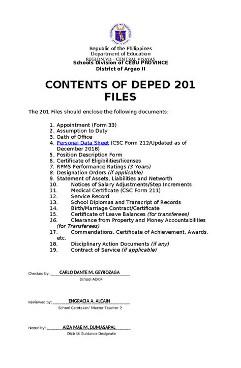 Deped 201 Files Contents Overview And Documentation Checklist Studocu