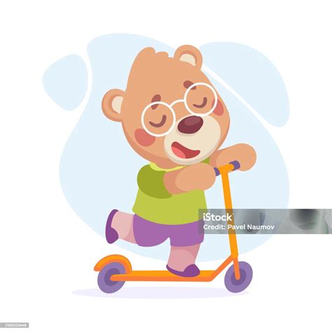 귀여운 곰 캐릭터 타기 스쿠터 와 미소 짓는 벡터 일러스트 갈색에 대한 스톡 벡터 아트 및 기타 이미지 갈색 감정 개념 Istock