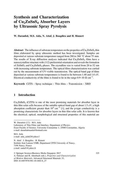 Pdf Synthesis And Characterization Of Cu2znsns4 Absorber Layers By