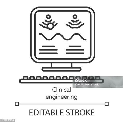 임상 공학 선형 아이콘입니다 헬스케어 기술 의료 컴퓨터 검사 생명 공학 가는 선 그림입니다 등고선 기호입니다 벡터 절연 윤곽선 도면 편집 가능한 스트로크 개념에 대한 스톡