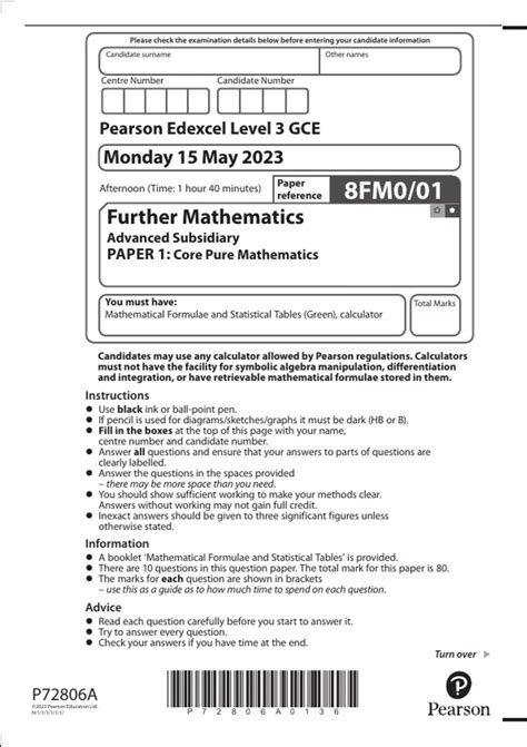 As Level Further Mathematics Paper 1 Core Pure Mathematics 2023 Unit