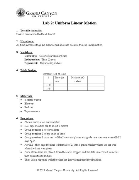 PHY 111L RS Lab2 Uniform Linear Motion Lab 2 Uniform Linear Motion 1 Testable Question How