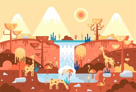 호수에 파노라마 그림 기린과 핑크 플라밍고 프리미엄 벡터