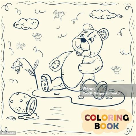 낙서 스타일의 테디 베어 장난감에 어린 아이들을위한 색칠 공부 그림 꿀 냄비 옆에 꽃과 함께 클리어링에 앉아 0명에 대한 스톡