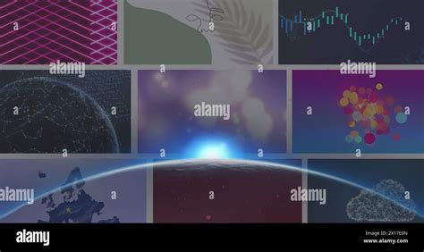 Image Of 6g Text Over Glowing Globe Over Colourful Clips Playing On Composite Screens Stock