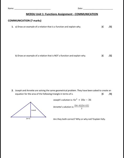 Solved Name Date Mcr3u Unit 1 Functions Assignment