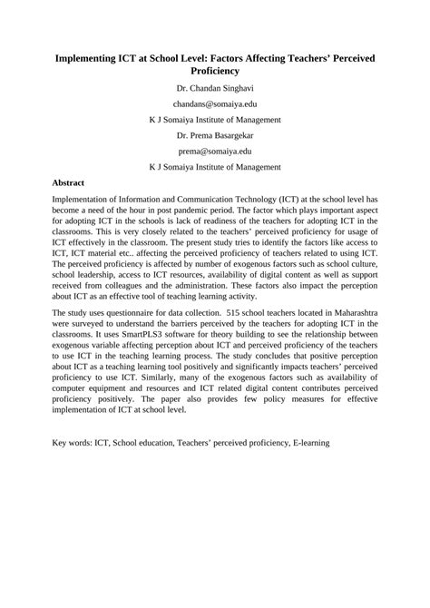 Pdf Implementing Ict At School Level Factors Affecting Teachers