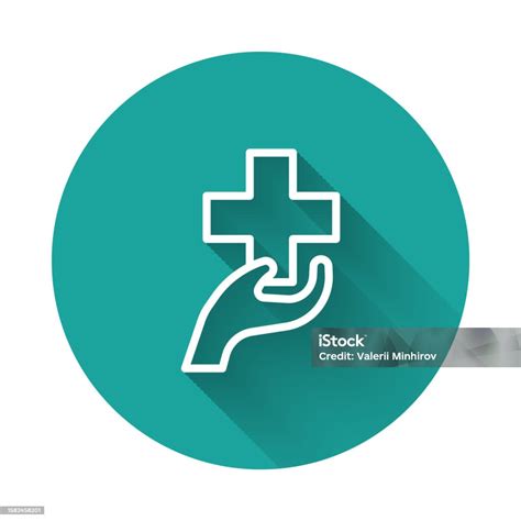 긴 그림자 배경으로 격리 된 크로스 아이콘이있는 흰색 선 하트 구급 의료 의료 및 약국 표지판 녹색 원 버튼입니다 벡터 1위에 대한 스톡 벡터 아트 및 기타 이미지 Istock