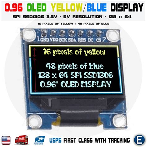 096 Spi 128x64 Led Oled Lcd Yellow Blue Color Display Arduino Ssd130