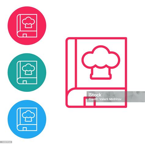 흰색 배경에 격리 된 빨간색 줄 쿡북 아이콘 요리 책 아이콘 레시피 북 포크와 칼 아이콘 칼 붙이 기호 원 버튼에 아이콘을 설정합니다 벡터 누름 버튼에 대한 스톡 벡터 아트