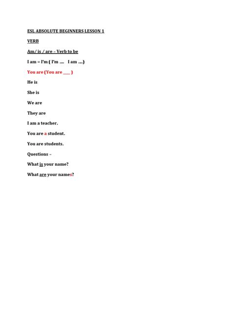 Esl Absolute Beginners Lesson 1 Pdf Wellness