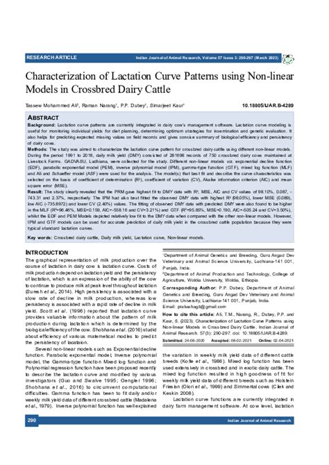 Pdf Characterization Of Lactation Curve Patterns Using Non Linear Models In Crossbred Dairy Cattle