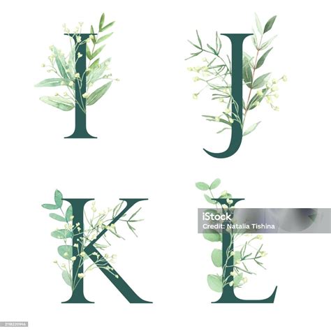꽃 알파벳 세트 문자 I J K L 알파벳의 글자는 짙은 녹색이며 수채화 허브 나뭇 가지 및 석고 꽃으로 장식되어 있습니다 0명에 대한 스톡 벡터 아트 및 기타 이미지