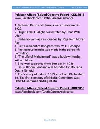 Css Solved Papers 2005 2017 Pakistan Affairs Mcqs PDF