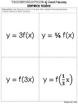 Transformations Of Linear Functions Entrance Exit Tickets Formative Assessment