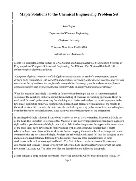 Maple Solutions To The Chemical Engineering Problem Set Pdf