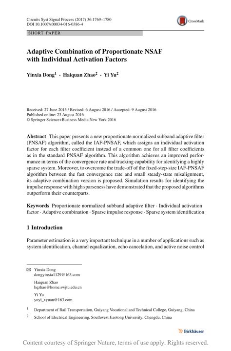 Adaptive Combination Of Proportionate NSAF With Individual Activation Factors Request PDF