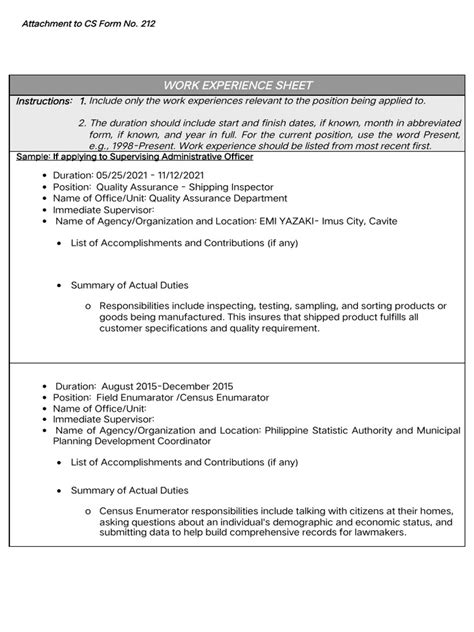 Work Experience Sheet Sample Pdf