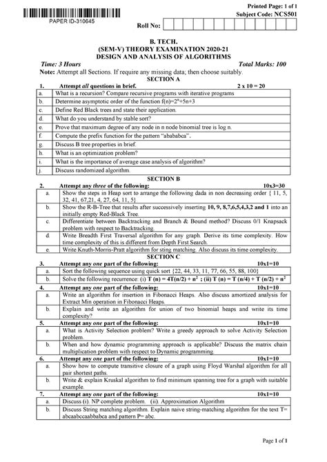 Btech Cs Sem Design And Analysis Of Algorithm Ncs Printed Page Of Subject Code