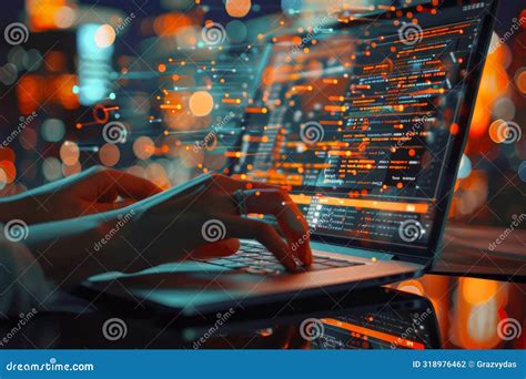 hands of software engineer coding on laptop computer with innovation