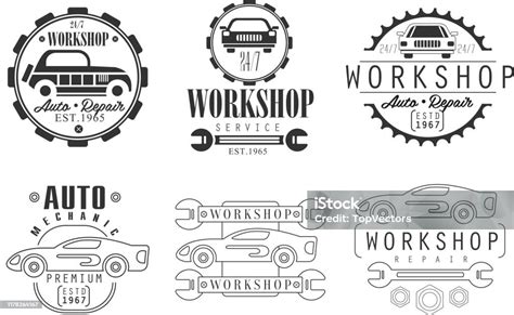 워크샵 수리 서비스 프리미엄 복고풍 라벨 세트 자동 정비사 역 흑백 배지 벡터 일러스트 교통수단에 대한 스톡 벡터 아트 및 기타