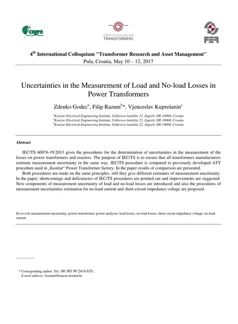 PDF Uncertainties In The Measurement Of Load And No Load Losses In Power Transformers