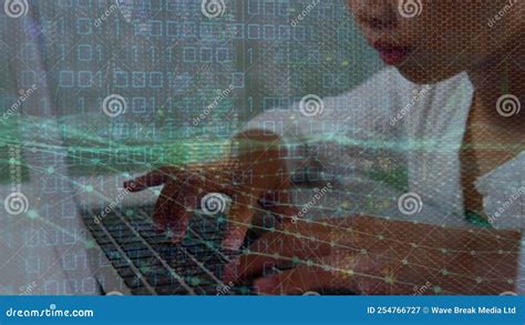 Animation Of Digital Wave And Binary Coding Over Asian Girl Using