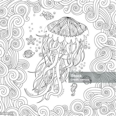 영감을 받은 스타일의 해파리 낙서 성인과 나이 든 어린이를 위한 색칠 하기 책 색칠하기에 대한 스톡 벡터 아트 및 기타 이미지 색칠하기 낙서 드로잉 바다 Istock