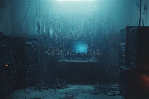 Mysterious Abandoned Server Room With Tangled Cables And Wires Illuminating A Glowing Computer