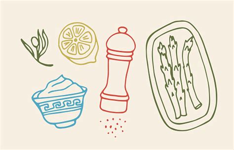 레몬 조각 후추 분쇄기 아스파라거스 사워 크림 그릇 및 허브를 특징으로 하는 미니멀리스트 벡터 그림 요리 및 건강 식품을 테마로 한 디자인에 적합합니다 건강한 식생활에 대한