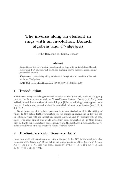 Pdf The Inverse Along An Element In Rings With An Involution Banach Algebras And C Algebras