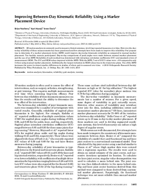 pdf improving between day kinematic reliability using a marker