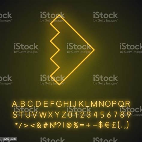 오른쪽 화살촉 네온 라이트 아이콘입니다 앞으로 화살표 탐색 포인터 표시기 기하학적 포인팅 기호입니다 알파벳 숫자 및 기호와 빛나는 기호 벡터 절연 그림 0명에 대한 스톡