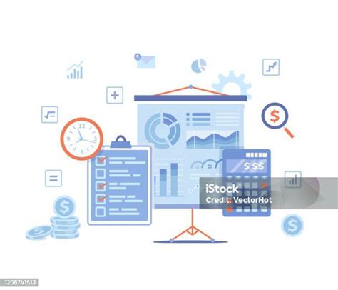 계산 개념입니다 부기 감사 데이터 분석 보고 세금 회계 차트 다이어그램 그래프 체크리스트 계산기 흰색 배경에 돈 벡터 그림과
