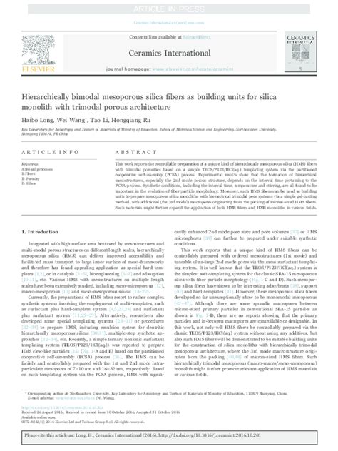 Pdf Hierarchically Bimodal Mesoporous Silica Fibers As Building Units For Silica Monolith With