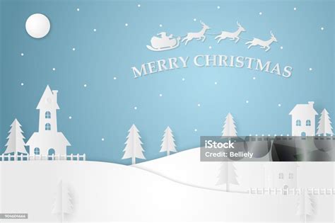 기쁜 성 탄과 새 해 복 많이 받으세요 종이 예술 산타 클로스와 순 록 하늘에 게 선물 종이 예술과 공예 스타일 벡터 개념 초대 카드의 그림 개념에 대한 스톡 벡터 아트 및