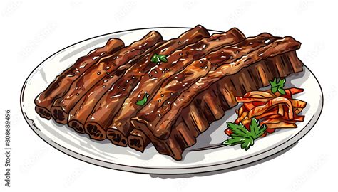Clipart Of A Mouthwatering Plate Of Korean Bbq Ribs With Kimchi Ar7 4
