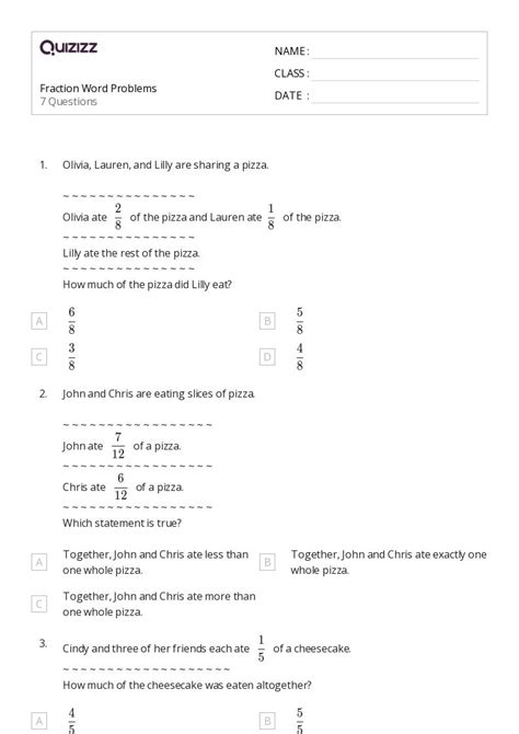 50 Fraction Word Problems Worksheets For 8th Grade On Quizizz Free And Printable
