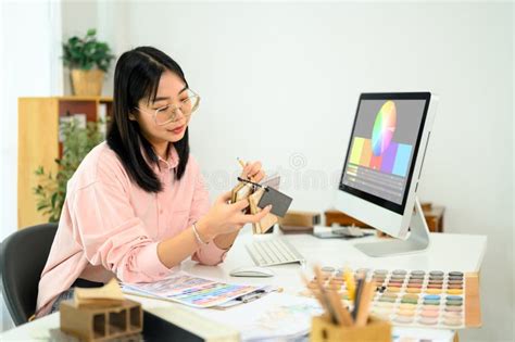 Female Designer Selecting Colors Materials Interior Project Stock