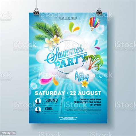 여름 수영장 파티 포스터 디자인 템플릿 팜 잎 물과 블루 수중 바다 배경에 비치 볼 배너 전단지 초대 포스터에 대한 벡터 휴일 그림 전단지에 대한 스톡 벡터 아트 및 기타